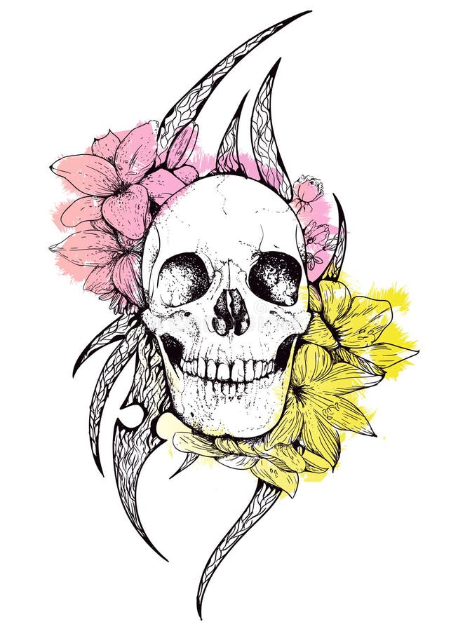 Tatuaje Del Cráneo Y De Las Flores Stock de ilustración - Ilustración ...