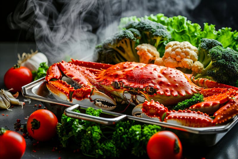A Crab is Being Cooked in a Pan with Vegetables Stock Image - Image of ...