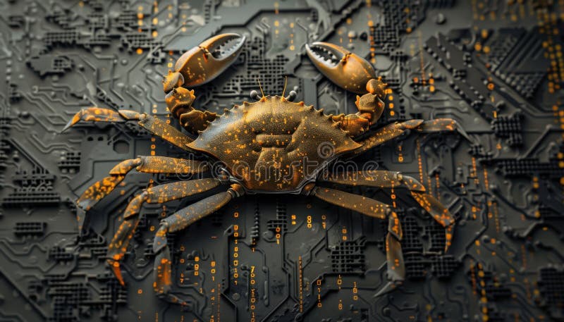 Crab Crawling Over a Circuit Board with Glowing Data Patterns in a ...