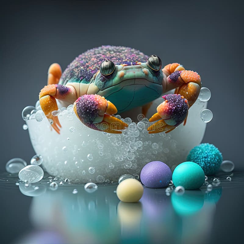 A Crab in an Egg Shell Surrounded by Bubbles and Balls of Soap on a ...