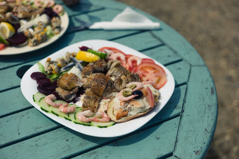 Crab and Fish Lunch Outside Stock Photo - Image of meat, food: 56259206