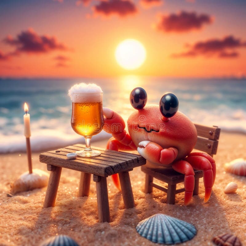 A Crab is Holding a Glass of Beer while Sitting on the Beach in Front ...
