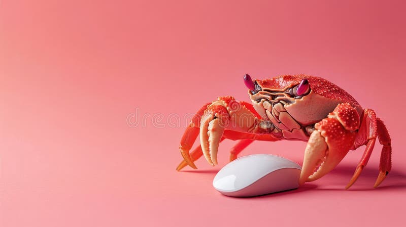 Crab Interacting with Computer Mouse on Pink Background Stock ...