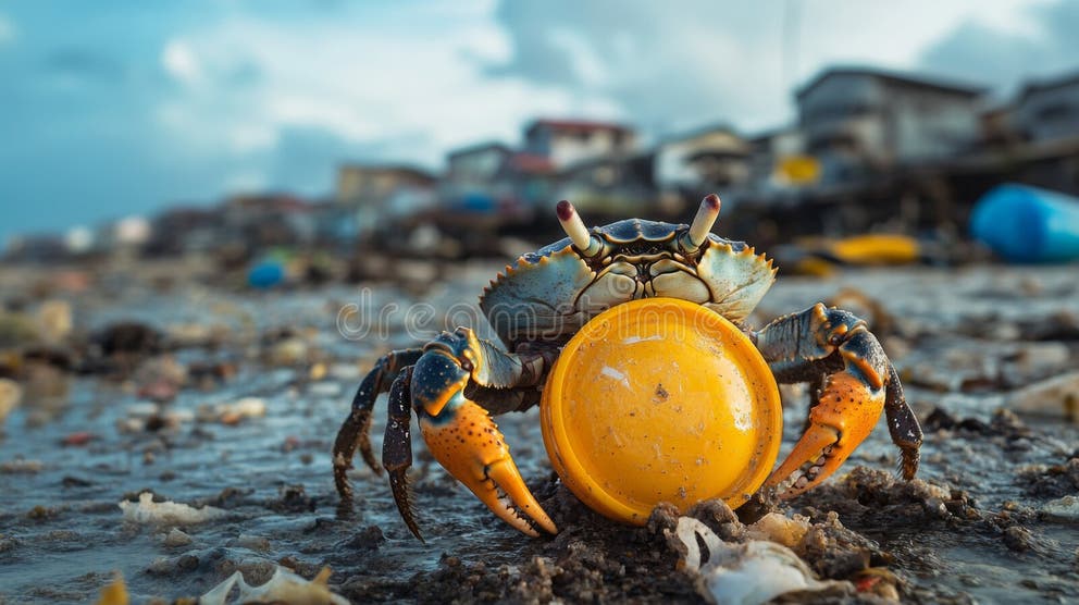 Crab Interacting with Plastic Waste on a Beach Stock Image - Image of ...