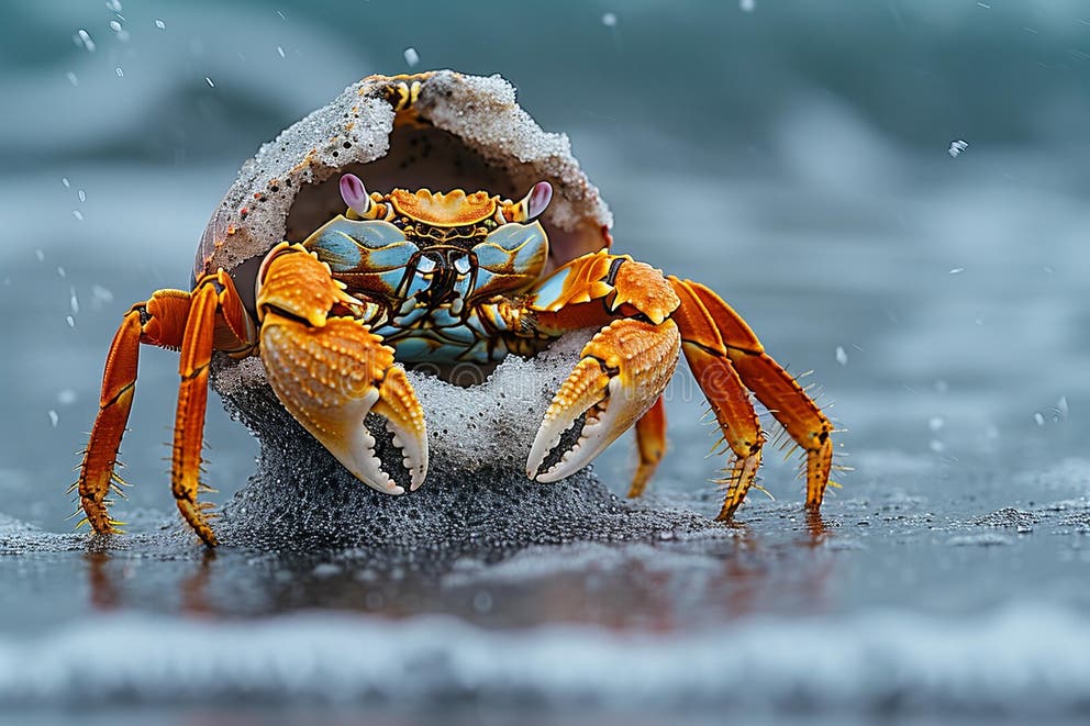 A Crab in an Open Shell on the Beach, High Quality, High Resolution ...