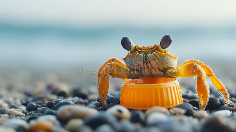 A Crab Perched on an Orange Plastic Bottle Cap on a Pebble Beach Stock ...