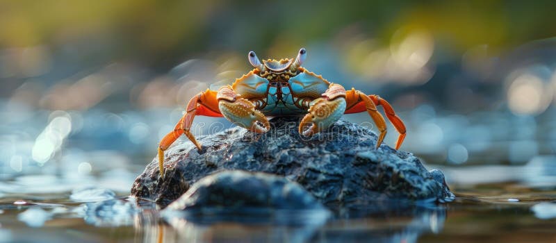 Crab Perched on Rock in Water Stock Image - Image of boulder ...