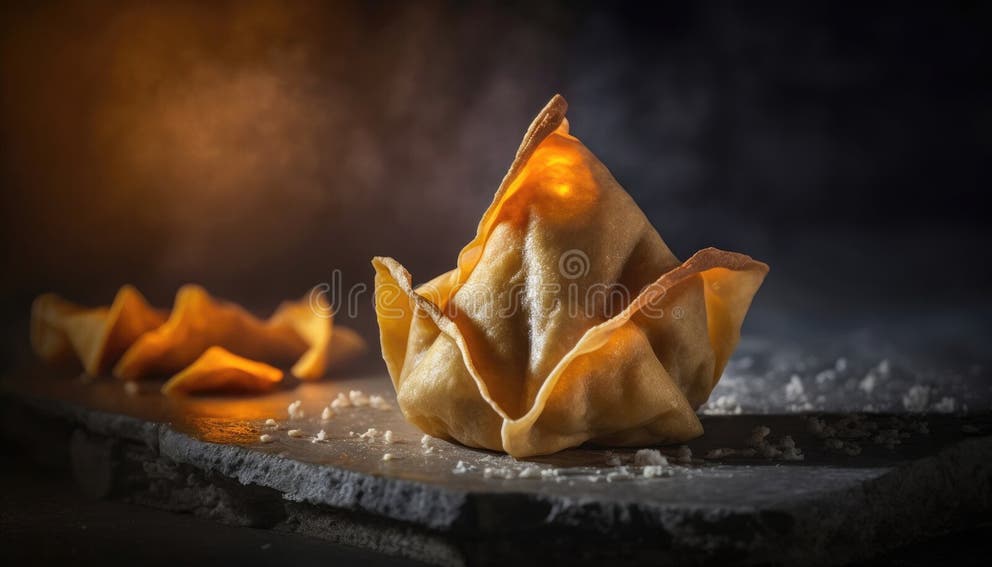 Crab Rangoon on Stone, Blurred Background, Rustic Pub. Generative AI ...