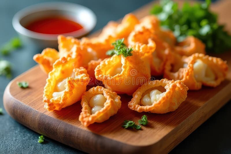Crab Rangoon on Wooden Platter Stock Illustration - Illustration of ...