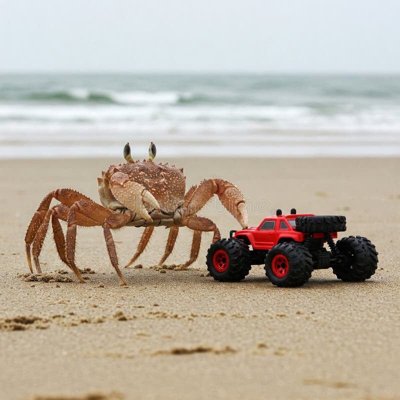 A Crab and a Red Toy Car on the Beach in Front of the Ocean. Stock ...
