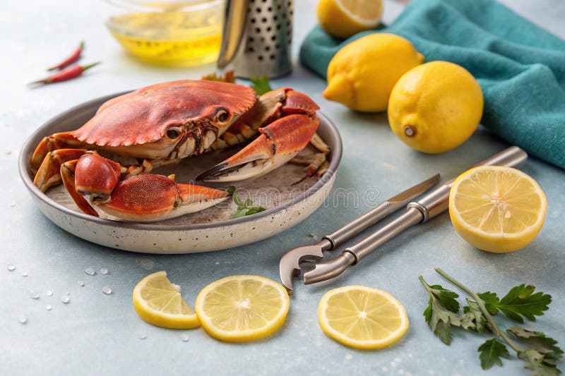 Crab in Shell with Lemon and Claw Splitting Tools on a White Plate ...