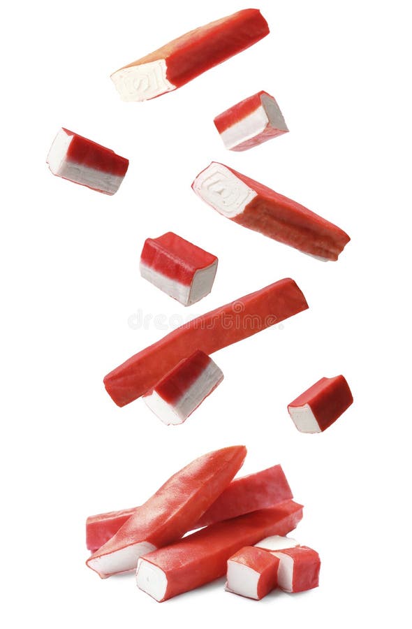 Crab Stick Pieces Falling on White Background Stock Photo - Image of ...