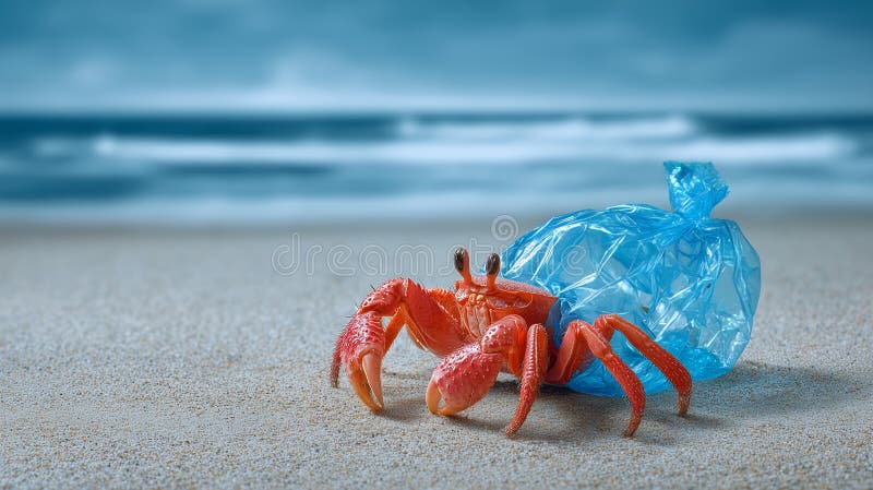 Crab Struggles with Plastic Bag on Sandy Beach Highlighting Marine ...