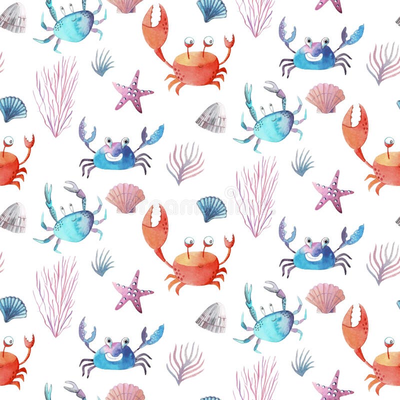 Watercolor Pattern, Crabs and Shells Stock Illustration - Illustration ...