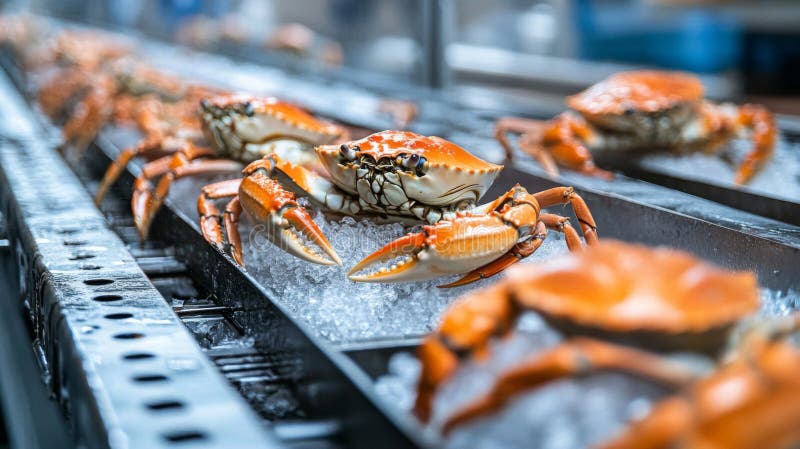 Crabs on Ice Conveyor Belt Seafood Processing Stock Illustration ...