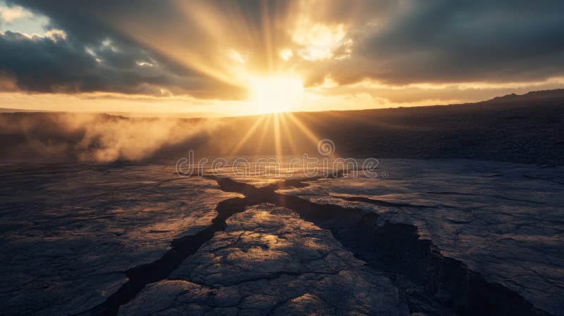Crack in the Earth with a Sunset and Sun Rays Stock Illustration ...