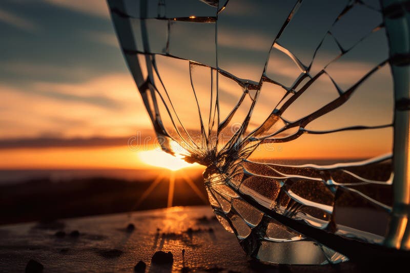 Crack on Glass, Showing the Reflection of a Setting Sun Stock Photo ...