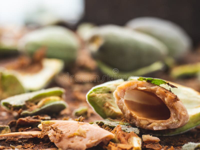 Cracked Almond Nuts, Shells and Peeling Fresh Almonds F Stock Photo ...