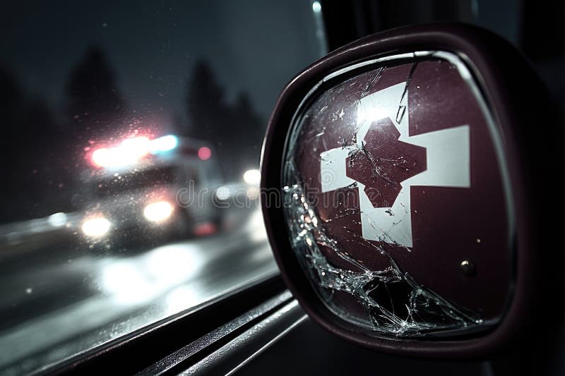 Cracked Ambulance Mirror Reflecting Emergency Night Scene Stock Image ...