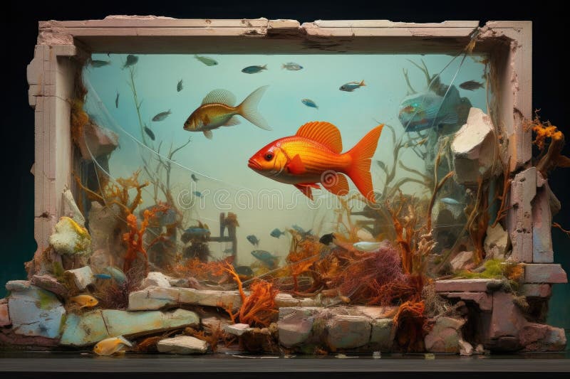 Cracked Aquarium with Colorful Fish Swimming Inside Stock Image - Image ...