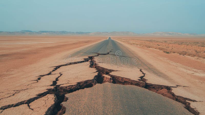 Cracked Asphalt Road in Arid Desert Landscape Emphasizing Isolation and ...