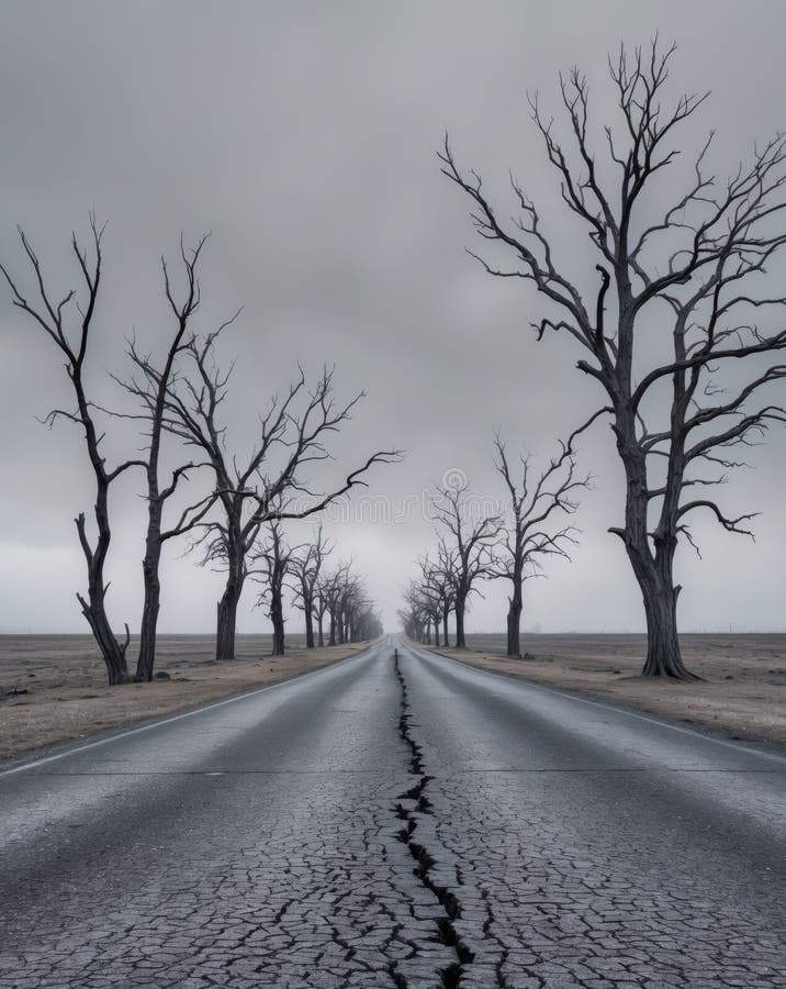 Cracked Asphalt Road Surrounded by Barren Trees in a Desolate Landscape ...