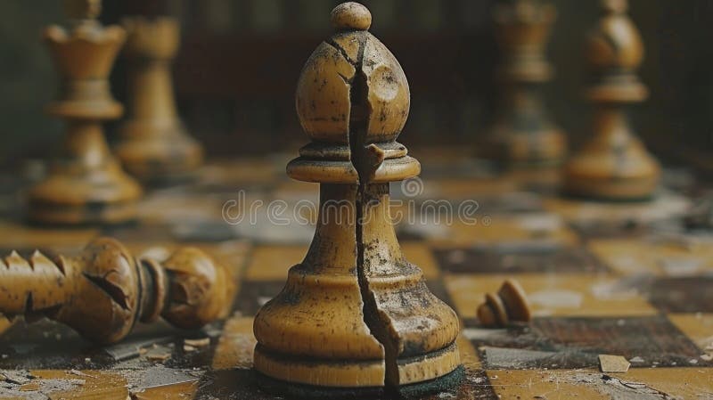 Cracked Bishop Chess Piece on Distressed Board Surrounded by Fallen ...