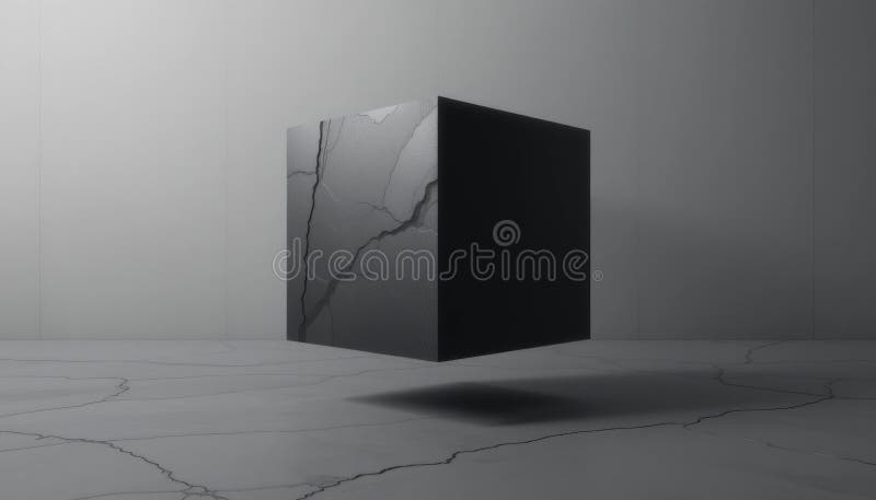 Cracked Black Cube Hovering Above a Cracked Surface Minimalist 3D ...
