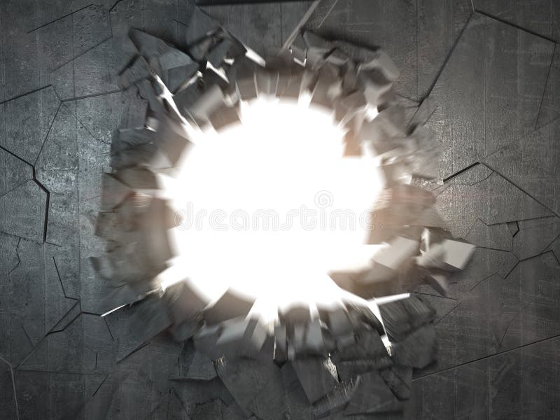Cracked Broken Concrete Wall with Explosion Hole and Debris. Abs Stock ...