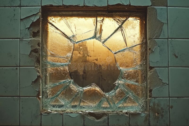 Cracked and Broken Window Pane Casting Warm Light on Decaying Tiled ...