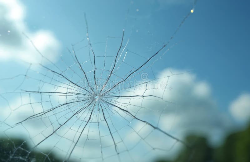 Cracked Car Windshield with Radial Splits Web Pattern. Transparent ...