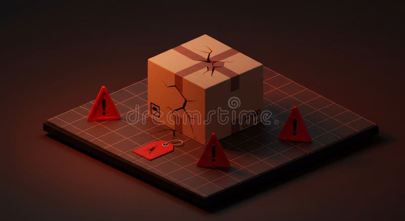 Cracked Cardboard Box with Warning Signs on Grid Platform Stock ...