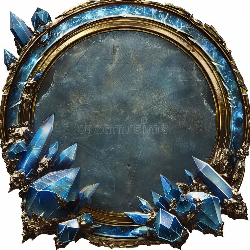A Cracked Circular Mirror Surrounded by Blue and Golden Crystals ...