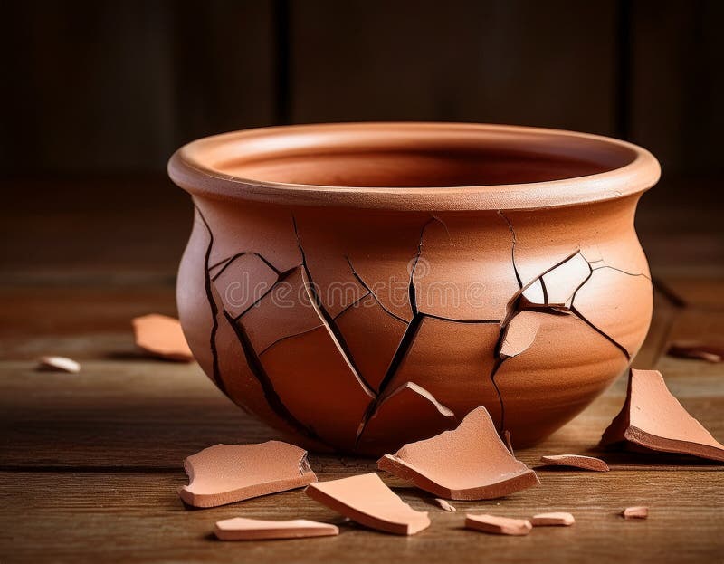 A Cracked Clay Pot with Pieces Scattered on a Wooden Table, Symbolizing ...
