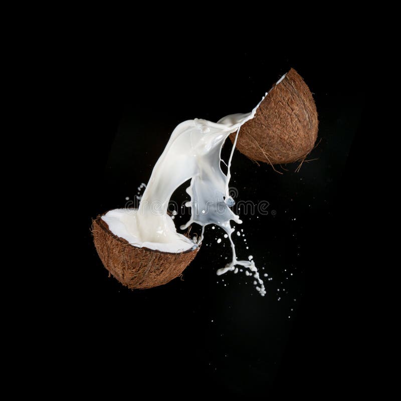 Cracked Coconut with Milk Splash Flying in the Air. Stock Photo - Image ...