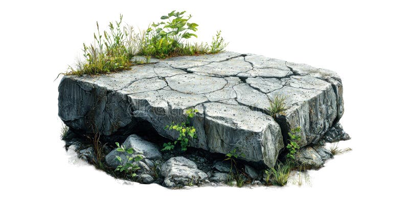 Cracked Concrete Block with Grass and Plants Isolated on Transparent ...