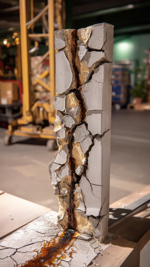 Cracked Concrete Support Pillar with Leakage, Revealing Interior Damage ...