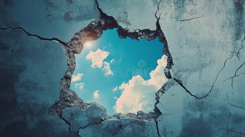 Cracked Concrete Wall with View of Blue Sky and Clouds, Conceptual ...