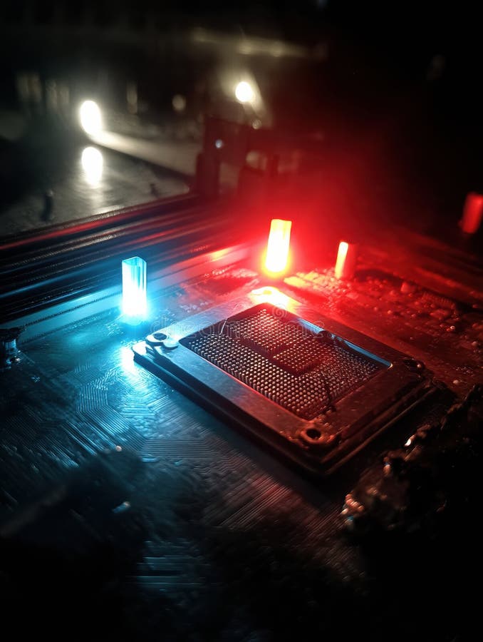 CPU Socket Cracked with Red and Blue Lights Pulsing in a Dark ...