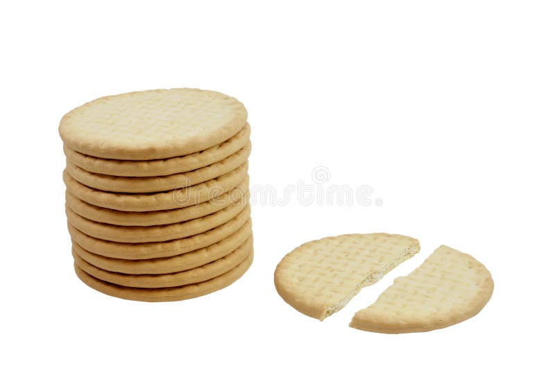 Cracked Cracker Next To Stack of Round Whole Bread Crackers Isolated on ...