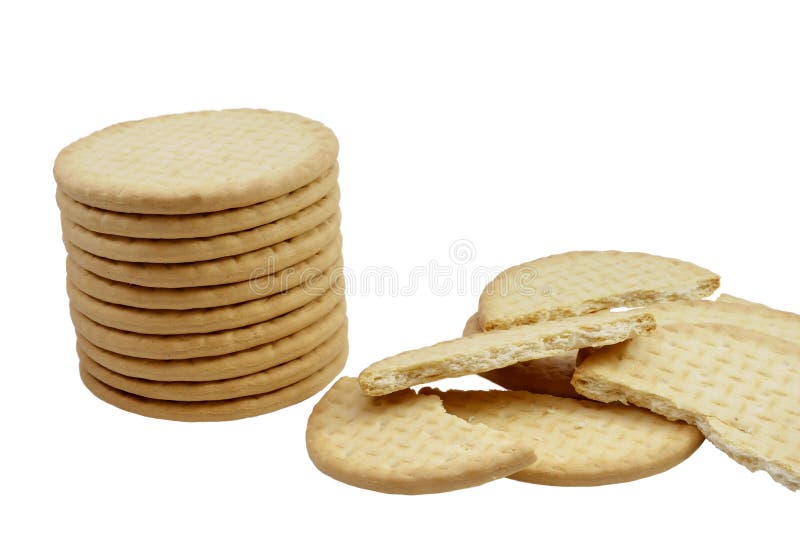 Cracked Crackers Next To Stack of Round Whole Bread Crackers Isolated ...