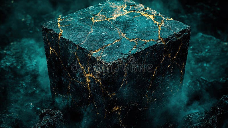 Cracked Cube Glowing Gold within Dark, Smoky Landscape Stock ...