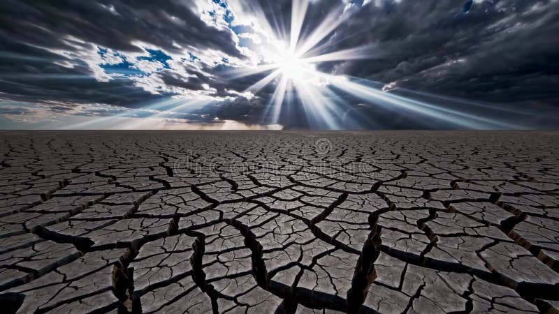 Cracked Desert Landscape with Dramatic Clouds and Sun Rays Breaking ...