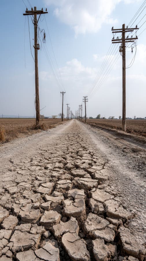 Cracked Dirt Road Stretches Under Power Lines, Symbolizing Drought ...