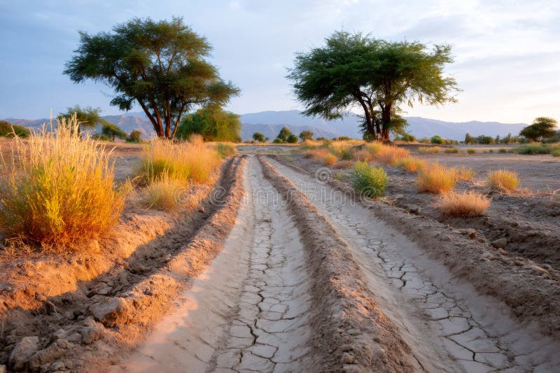 Cracked Dirt Road Traversing Dry Landscape at Sunset with Acacia Trees ...