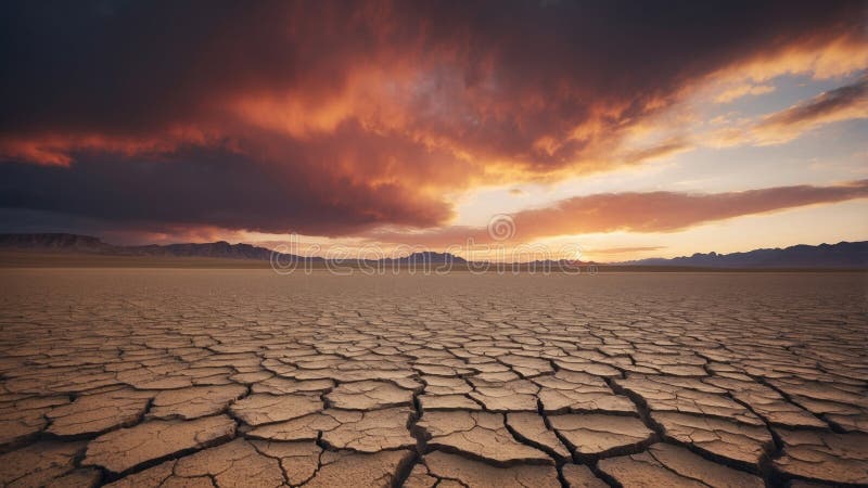 Cracked Dried Earth of Desolate Desert Landscape Under Dramatic Cloudy ...