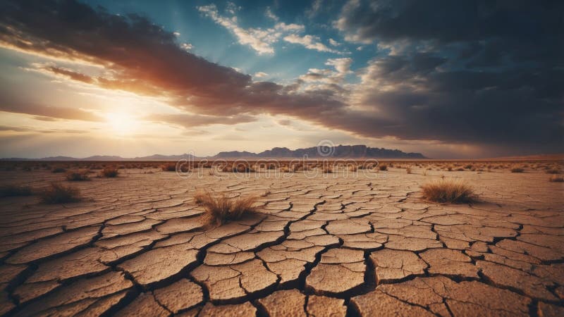Cracked Dried Earth of Desolate Desert Landscape Under Dramatic Cloudy ...