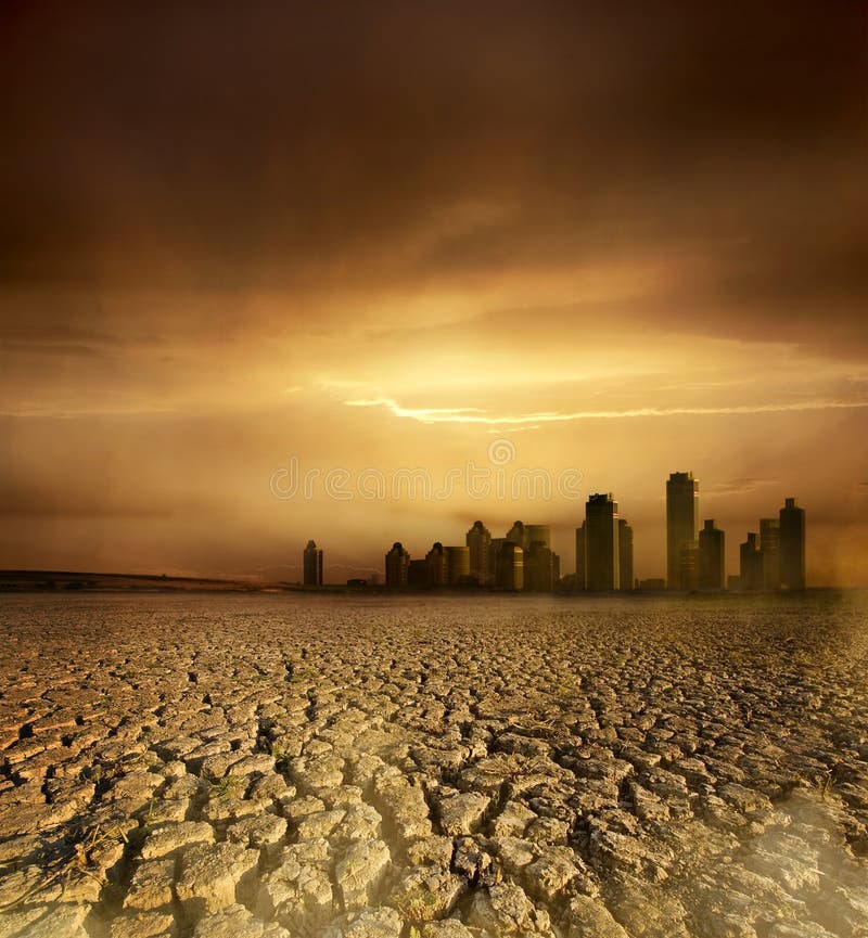 Cracked Earth and the City stock photo. Image of pollution - 11468138