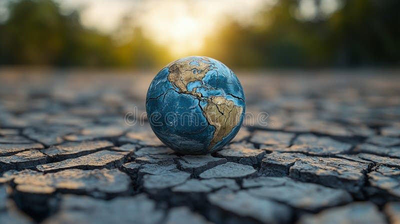 A Cracked Globe Resting on Parched Earth Under a Blurred Sky at Sunset ...