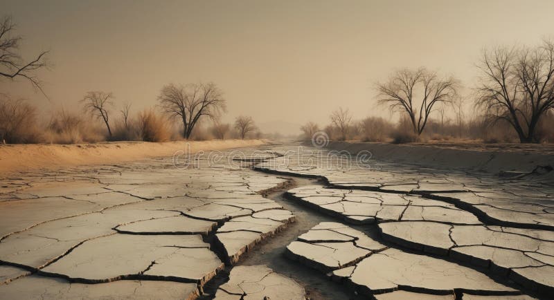 Cracked Earth Landscape, Desertification Concept with Sparse Vegetation ...